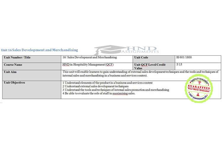 Unit 16 Sales Development and Merchandising Assignment Brief Unit 16 Sales Development and Merchandising Assignment Brief